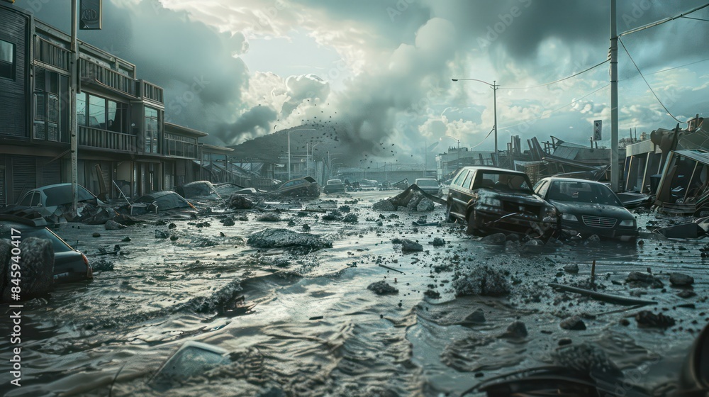 City destroyed by Tsunami waves in a disaster, with flooded streets ...