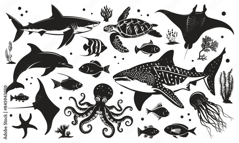 Marine animals monochrome silhouette collection. Sea turtle whale shark ...