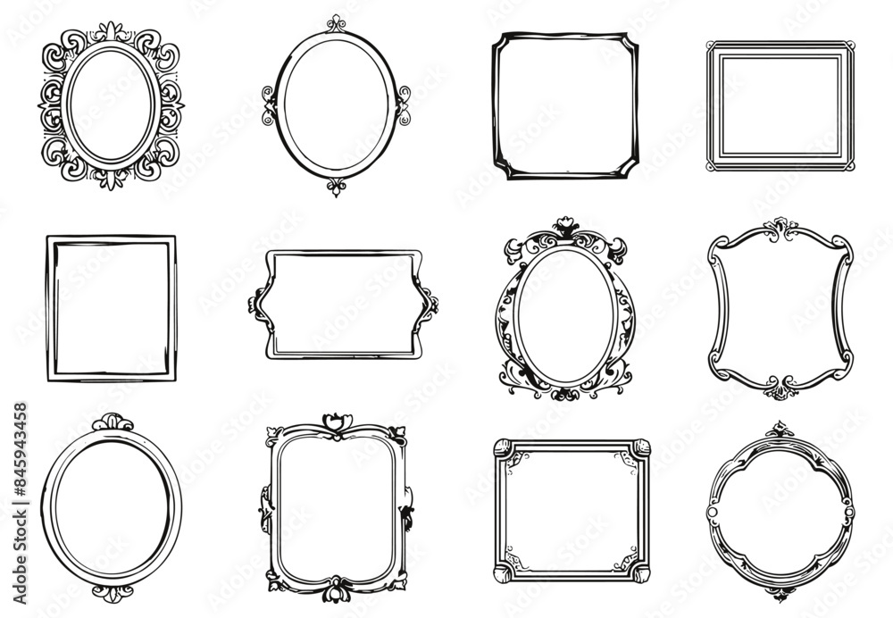 Simple vintage frames set. Black outline hand drawn stroke. Blank ...