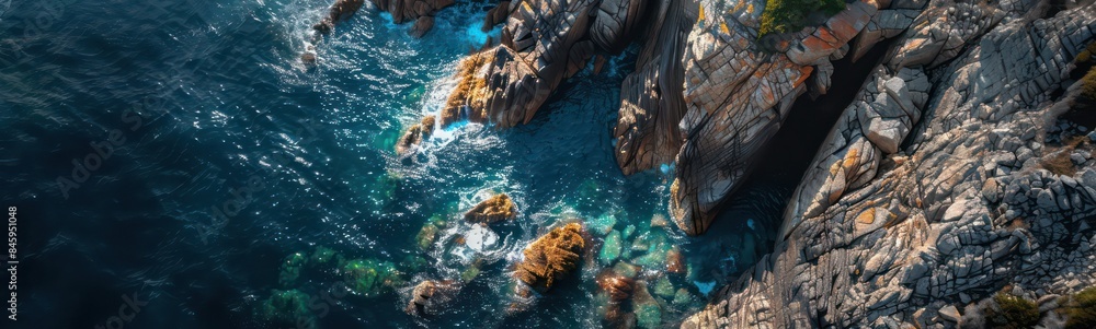 Aerial view Top down seashore. Waves crashing on rock cliff. Beautiful ...