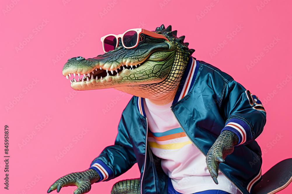 Funky crocodile character wearing a trendy varsity jacket and cool ...