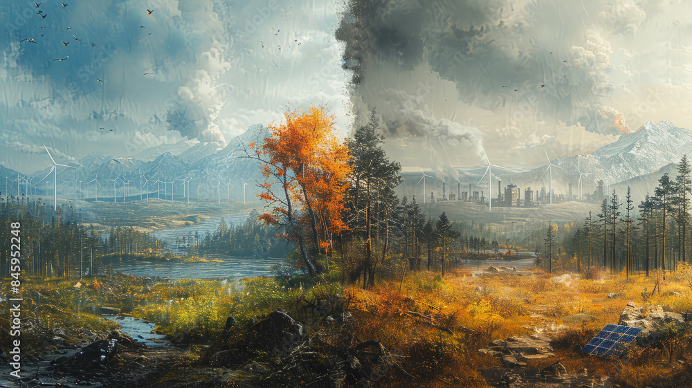 Two landscapes side by side, one landscape with dense forests, rivers ...
