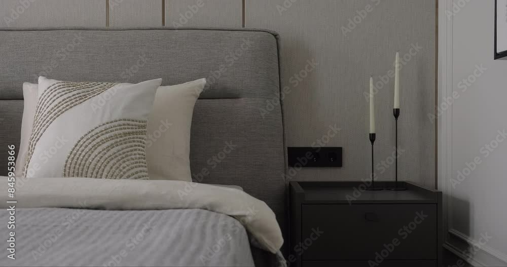 Modern minimalist bedroom interior design with bed bedside table and ...