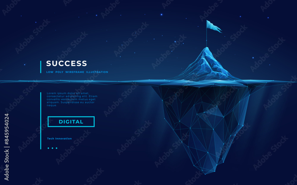 Abstract digital iceberg with a flag on the peak. Night technology ...