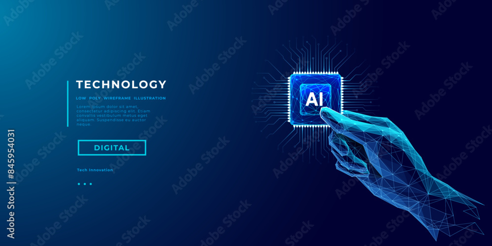 Abstract digital AI chip in a human hand. Humanoid holding AI processor ...