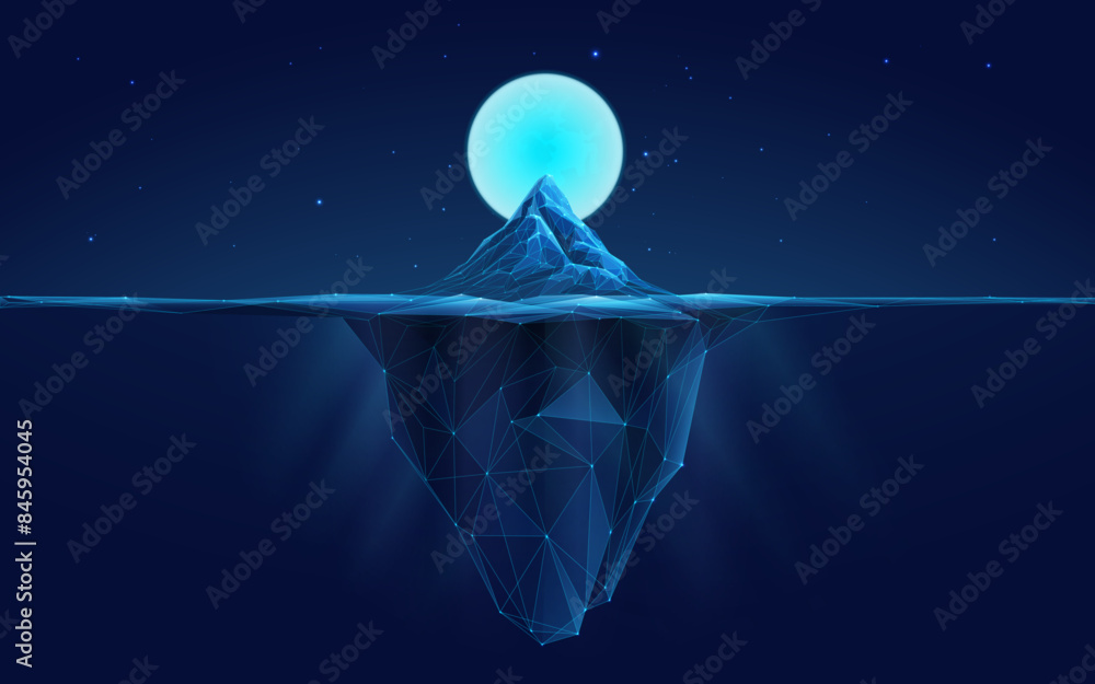 Abstract digital iceberg in a cold ocean. Light blue moon in night ...
