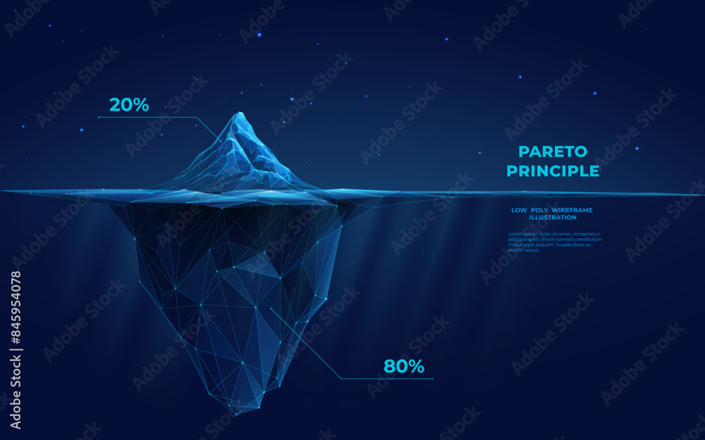 Digital iceberg with infographic. Pareto principle concept. Ice ...