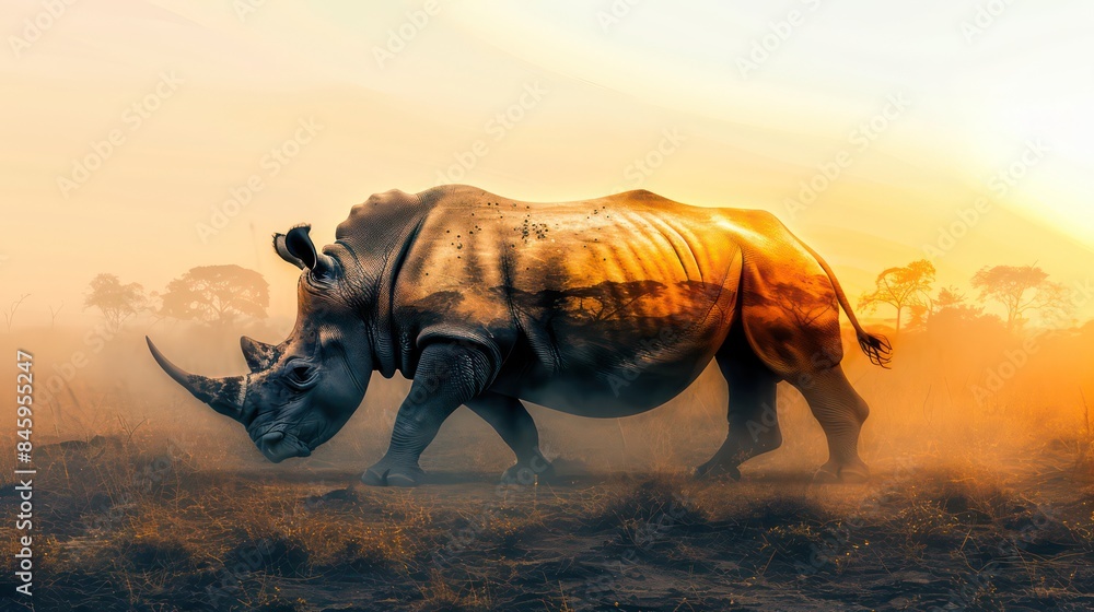 Rhinoceros going in savannah at sunset with double exposure. A ...