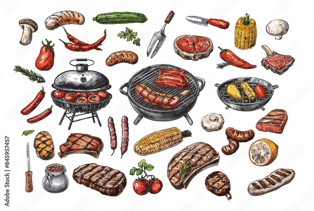 BBQ colored ink sketch vector set. Meat sausages mangal grill ribs ...