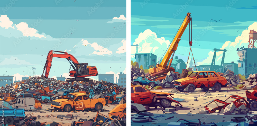 Car junkyard cartoon vector scene. Crane excavator rusty cars destroyed ...
