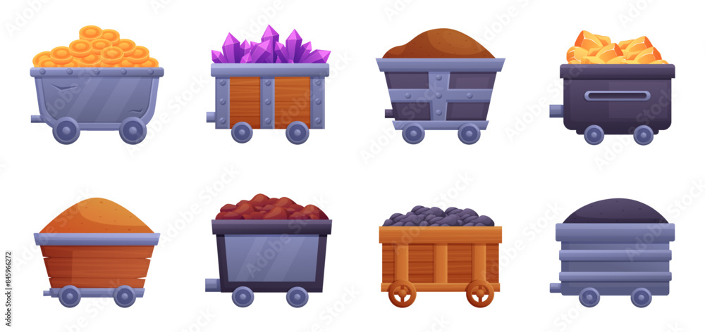 Cartoon mine carts. Different trolleys with coal, gold coins and golden ...