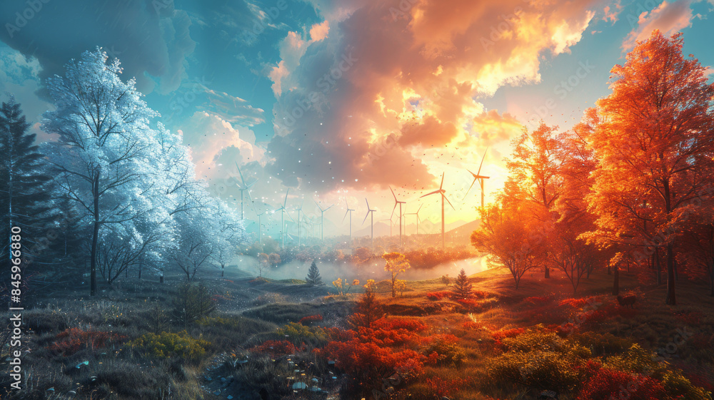 Two landscapes side by side, one landscape with dense forests, rivers ...