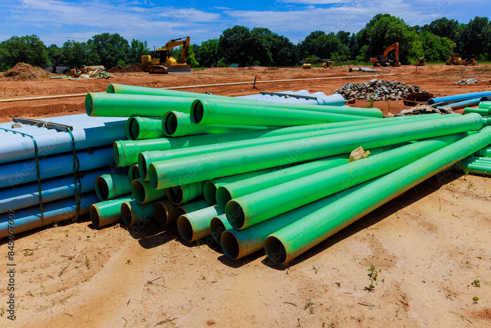 Green PVC pipes are being used on construction sites for laying water ...