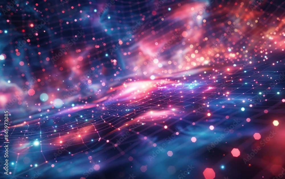 Illuminated digital grid overlays a vibrant cosmic backdrop ...