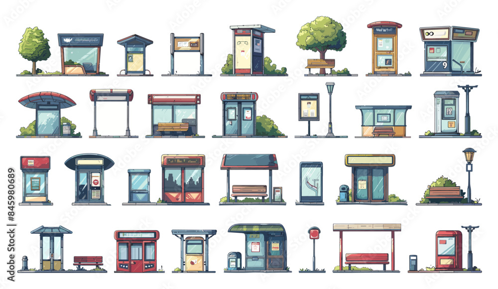 Cartoon Different Types of Bus Stops Icon Set. White Background. Very ...