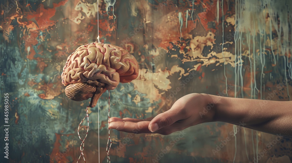 Composite photo collage of hand hold string human brain process mind ...