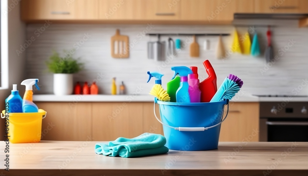 Bucket with cleaning items on wooden table and blurry modern kitchen ...