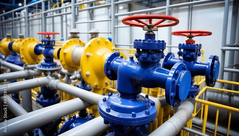 Valves in an oil and gas processing plants pipeline system. Concept ...