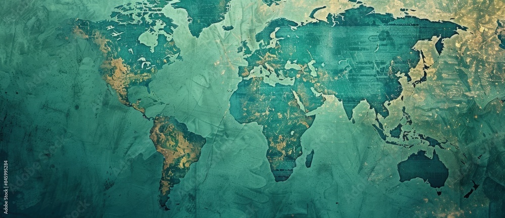 World map with grunge effect and a green and gold color palette, ideal ...
