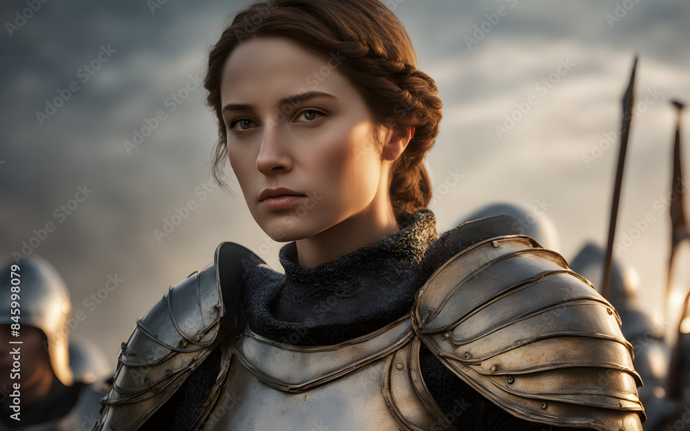A knight woman on the battlefield, dawn breaking over the horizon ...