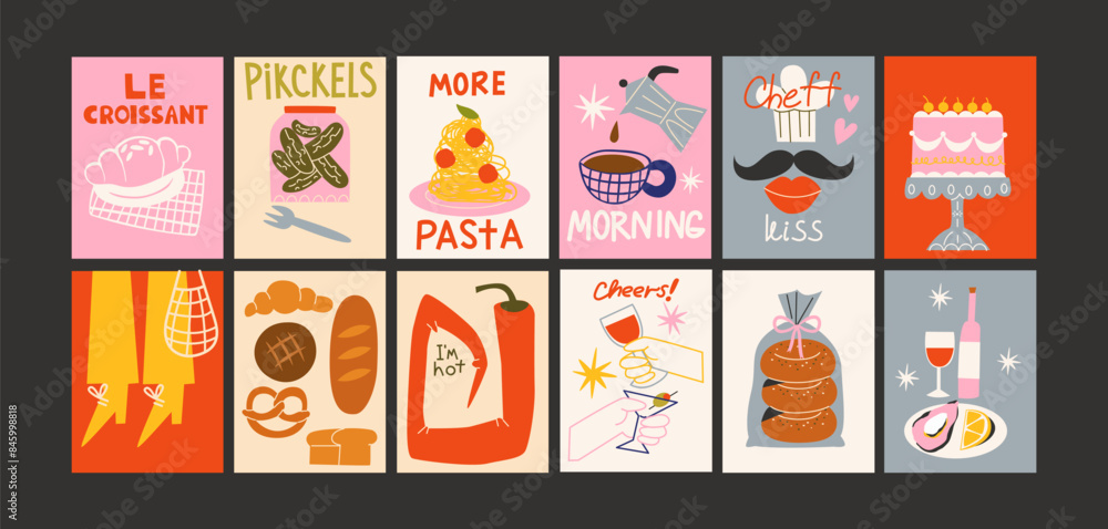 Abstract food posters for the kitchen. Culinary compositions in cartoon ...