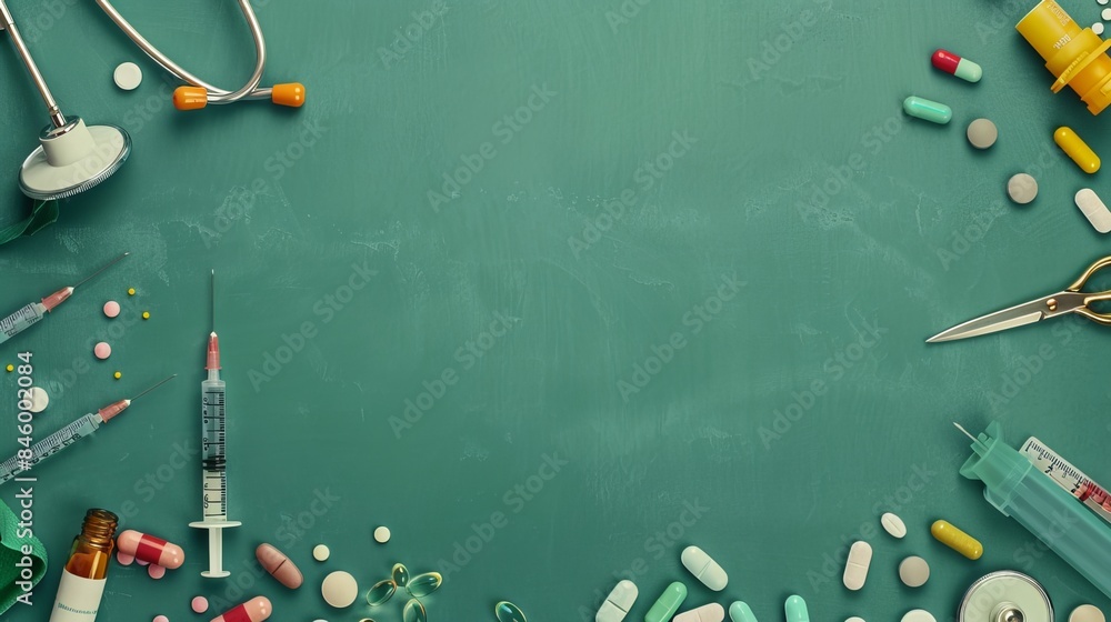 Pills and medical equipment, including a stethoscope, syringe, and ...