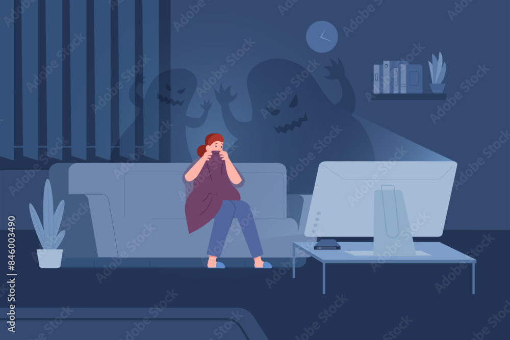 Scared woman on sofa. Afraid girl watching horror movie tv alone at ...