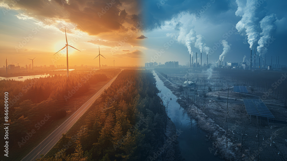 Two landscapes side by side, one landscape with dense forests, rivers ...