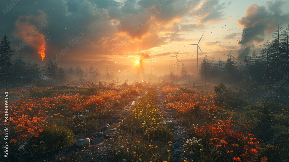 Two landscapes side by side, one landscape with dense forests, rivers ...