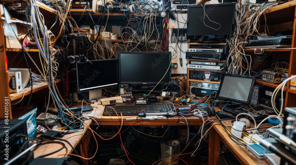 A messy computer desk with cords and wires running everywhere. The desk ...