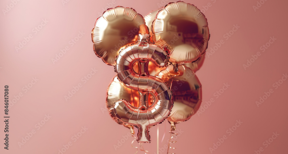 A cluster of golden balloons, shaped like a dollar sign, floats in ...