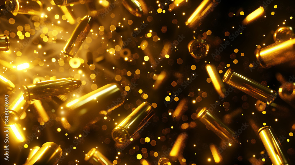 High-speed photograph of flying bullet casings with bright sparks ...