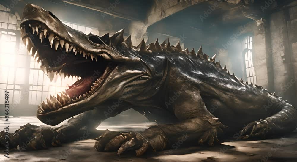 Giant scary monster jaws lying on a floor of a dungeon or laboratory ...