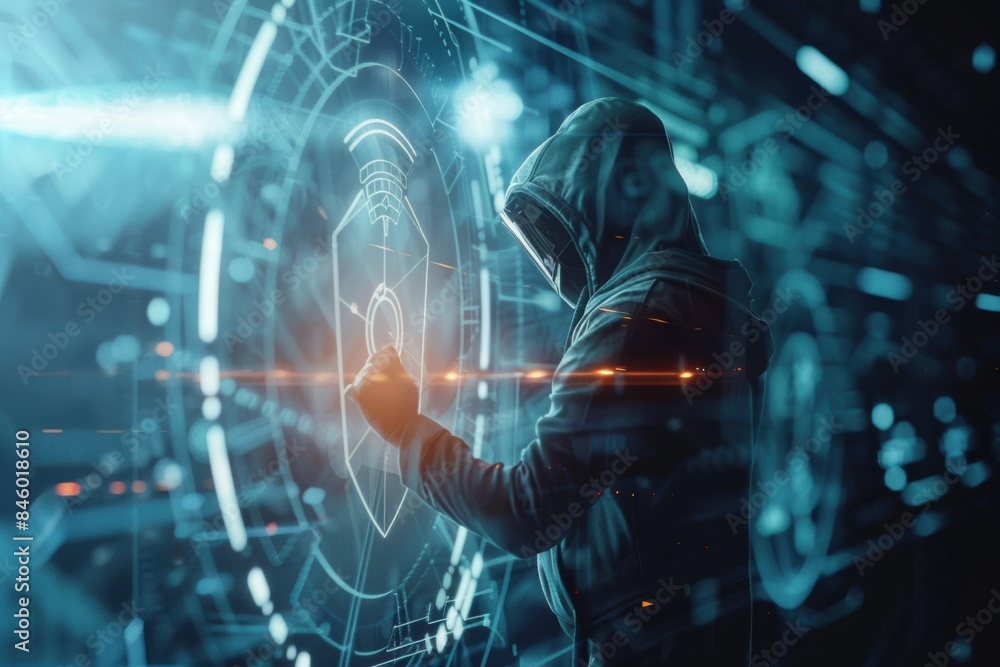 Hacker breaking into a network, with a digital shield and warning ...