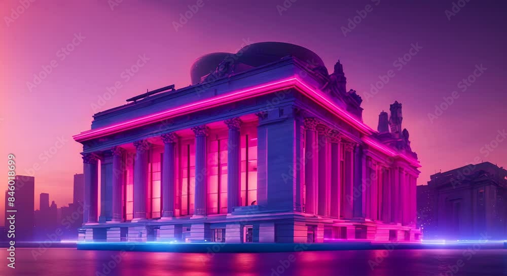 Neoclassical bank building in neonlit virtual cityscape symbolizes ...