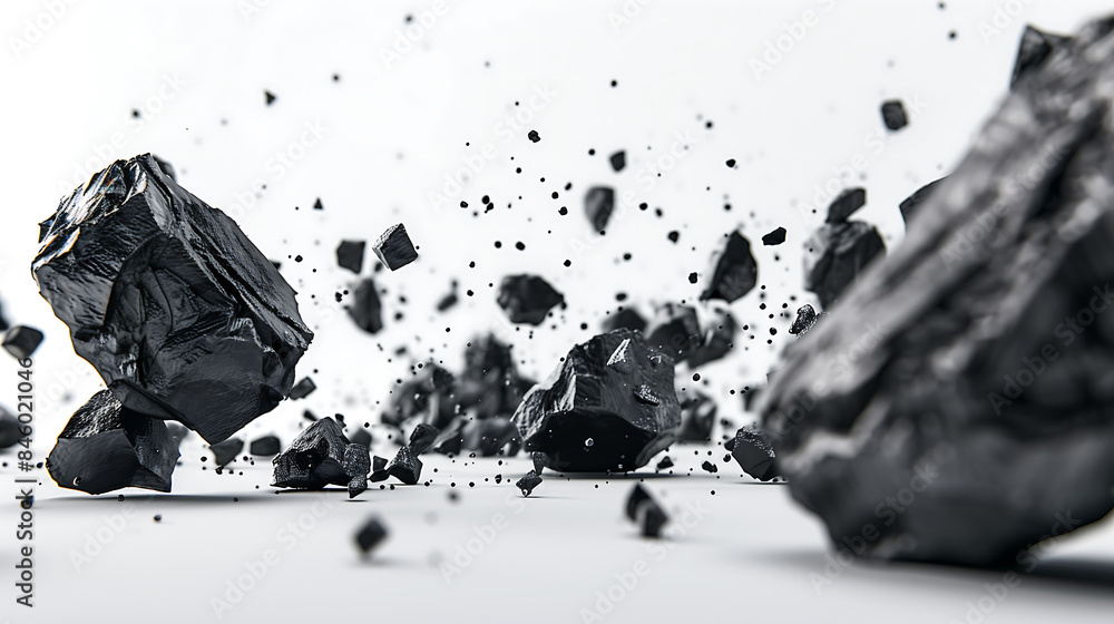 Dynamic image of black rocks shattering mid-air against a white ...