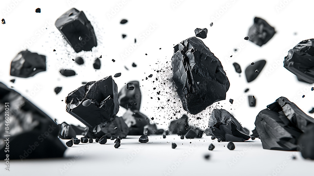 Dynamic image of black rocks shattering mid-air against a white ...