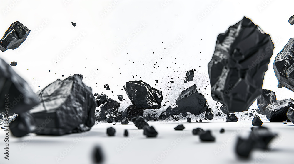 Dynamic image of black rocks shattering mid-air against a white ...