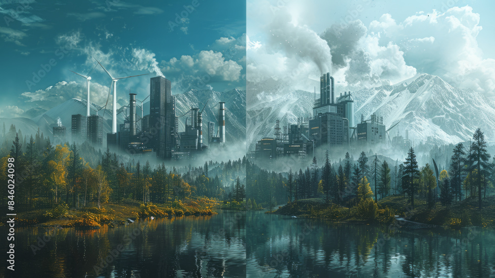 Two landscapes side by side, one landscape with dense forests, rivers ...