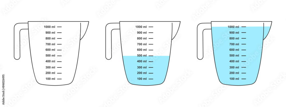 Set of empty and water filled measuring cups with 1 liter volume ...