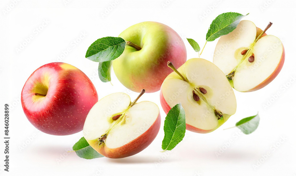 Red shining Apples with half slices apples falling or flying in the air ...