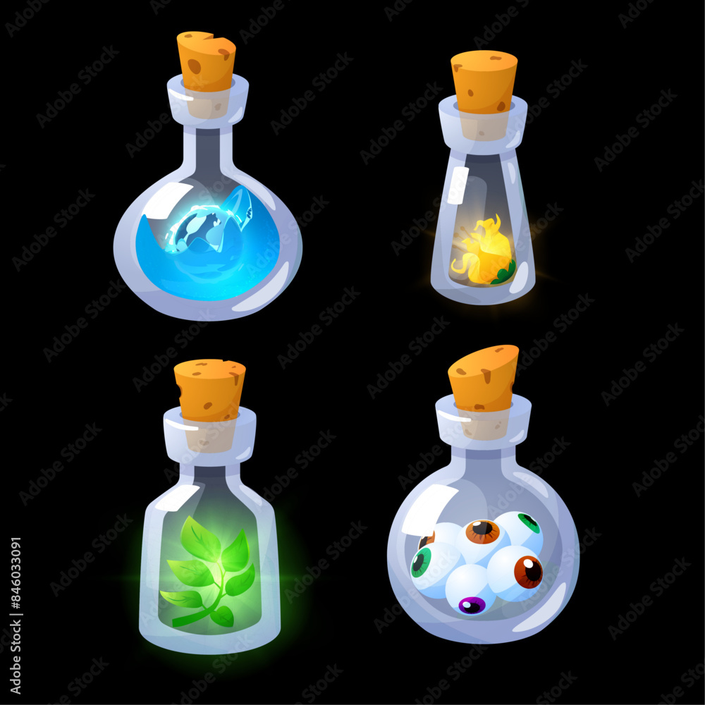 Magic potion bottles set, different shapes flasks with nature leaves ...