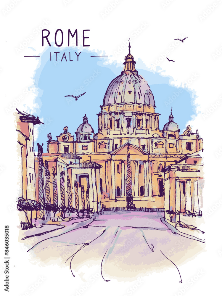 Architecture sketch illustration. An urban colorful landscape of Rome ...