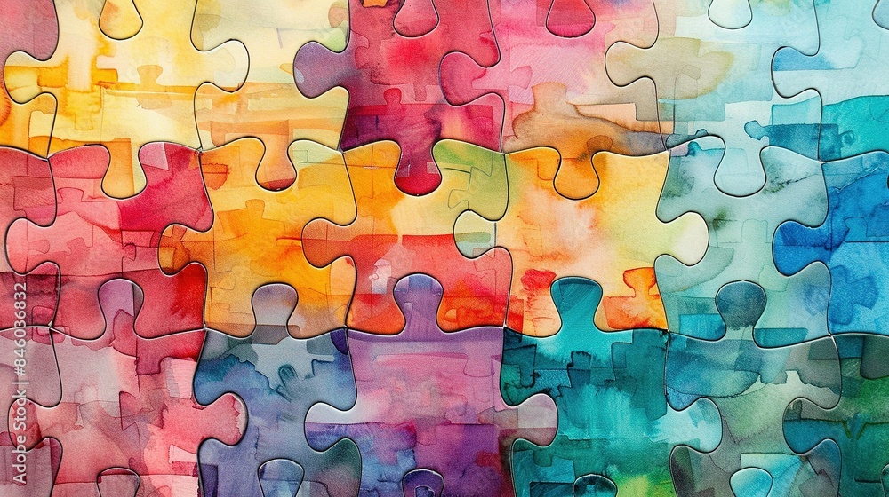 Abstract Design of Watercolor Puzzle Pieces Symbolizing Connection and ...
