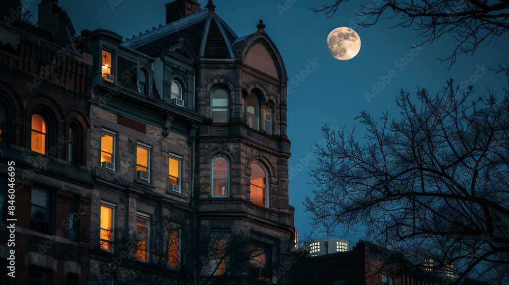Old Victorian building illuminated by the soft glow from its windows ...