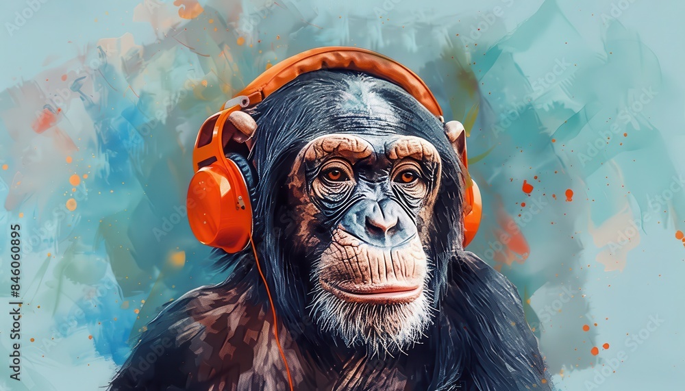 Artistic depiction of a chimpanzee wearing bright orange headphones ...
