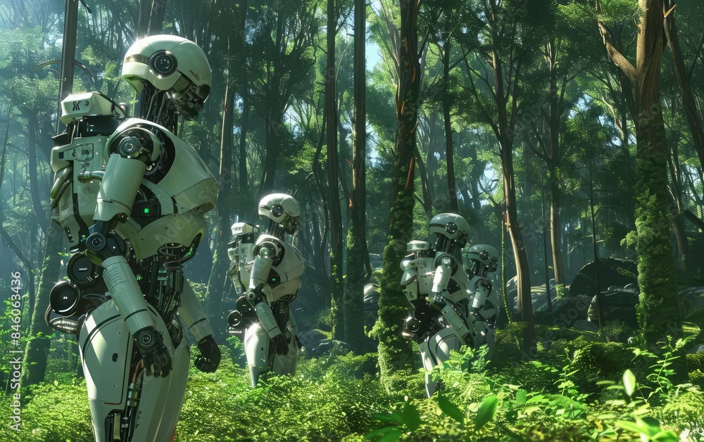 Autonomous robots in a hightech forest environment planting trees and ...