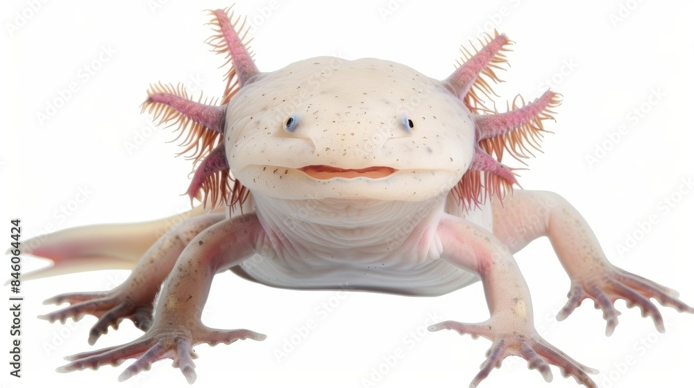 Leucistic axolotl with its mouth open and its external gills flared ...