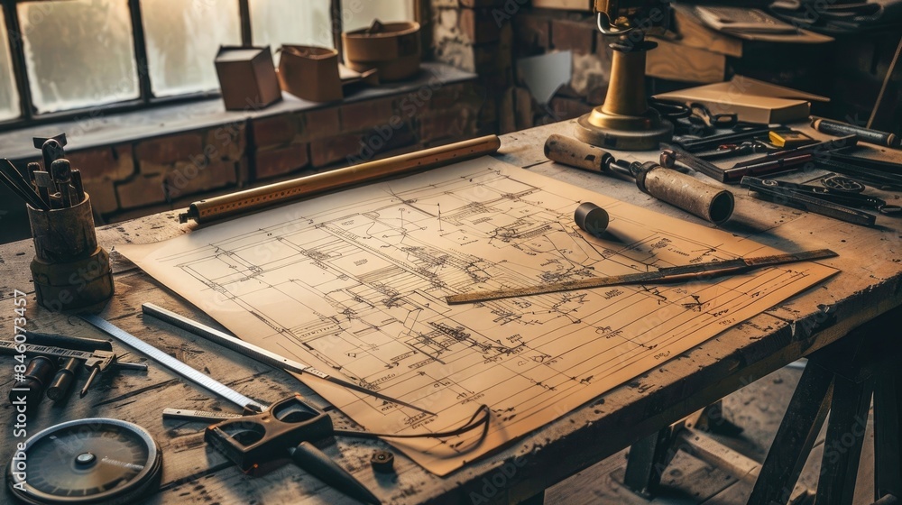 An engineer's blueprints: A drafting table with engineering drawings ...