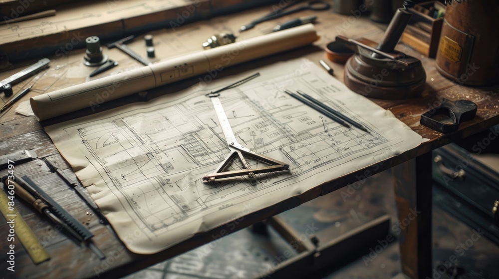 An engineer's blueprints: A drafting table with engineering drawings ...